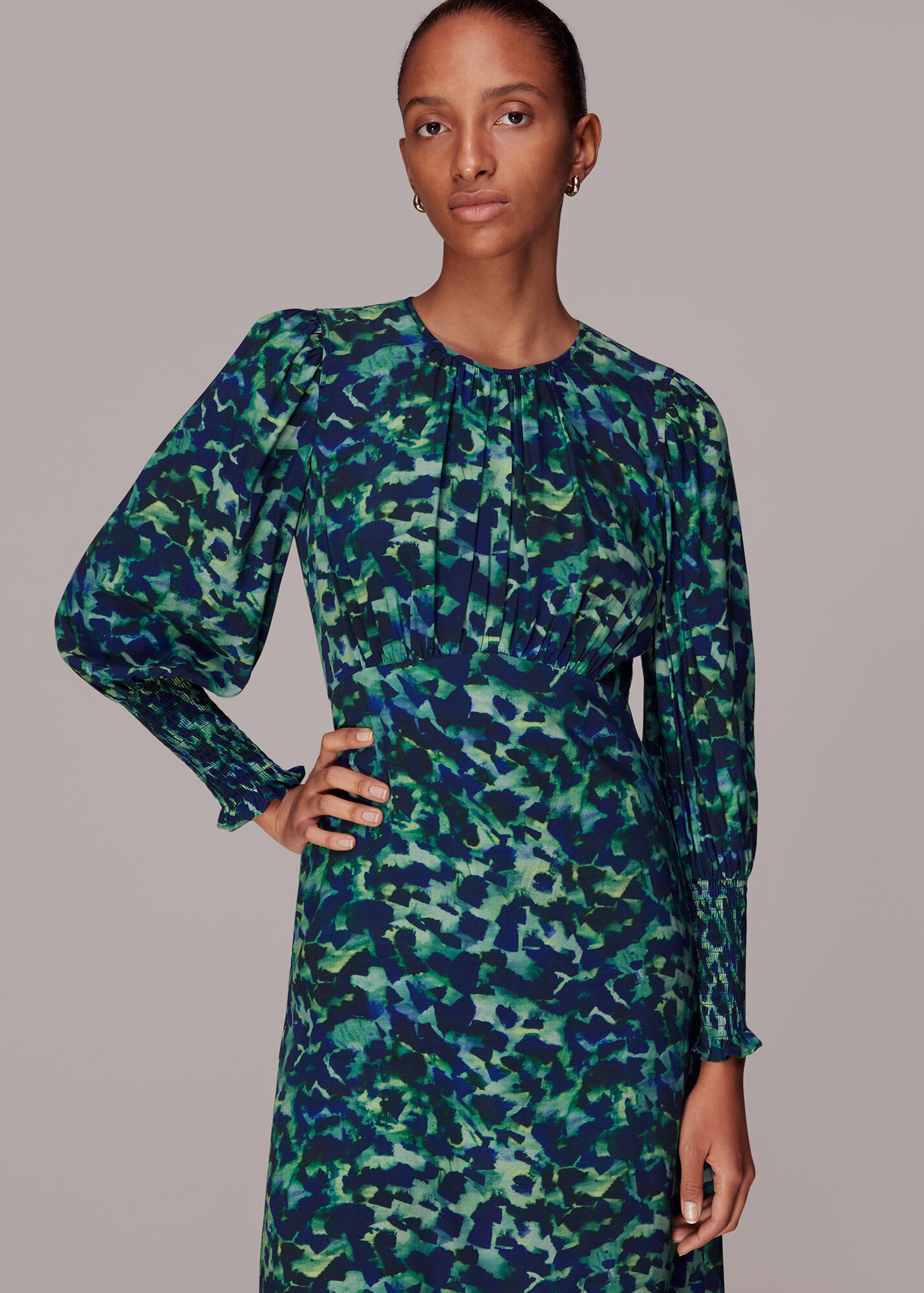 Green/Multi Ink Cheetah Print Midi Dress | WHISTLES | Whistles UK